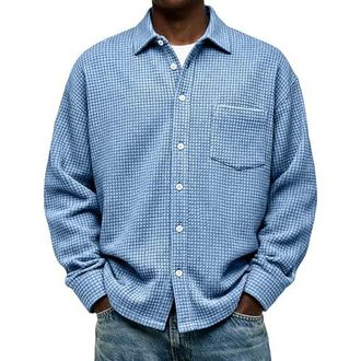 Generic Chemise gaufr&eacute;e pour homme et adulte, chemise boutonn&eacute;e &agrave; manches longues, couleur unie, chemise &agrave; revers vintage, d&eacute;contract&eacute;e et de travail avec poc