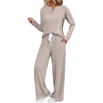 Generic Pyjama c&ocirc;tel&eacute; pour femme - Couleur unie - &Eacute;l&eacute;gant - Avec boutons et poche - V&ecirc;tement de nuit ample - Manches longues - Jambes larges - Ensemble pyjama
