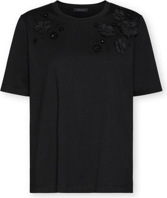 Elena Miro Femme, Tops, Noir, Taille: 38 FR T-shirt en coton avec appliqu&eacute;s floraux
