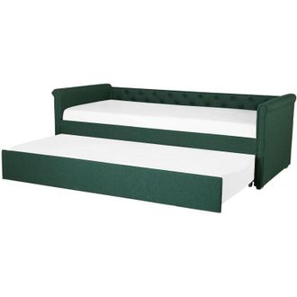 Beliani Tagesbett Ausziehbett Gr&uuml;n 80 x 200 cm Ausziehbar Polsterbezug Leinenoptik Mit Lattenrost Knopfverzierung Praktisch Modern