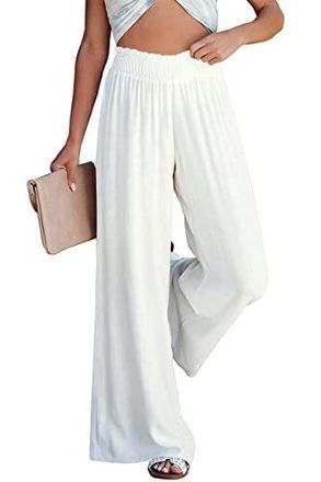 Onsoyours Pantalon Femme Lin Taille Haute L&eacute;ger Elastique Pantalon Large Femme Chic Et Elegant Pantalon Fluide D&eacute;contract&eacute;e Couleur Unie Pants B Blanc XXL