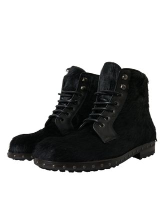 Dolce & Gabbana Mens Black Pony Style Leather Mid Calf Boots Shoes