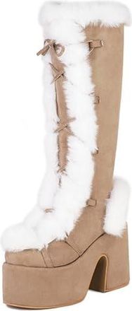 Generic Eestfy Bottes Hautes Rétro Plateforme Daim Fausse Fourrure Talon Large Zip Latéral Style Hiver pour Froid Tenues De Rue Activités Extérieures,Kaki,40 