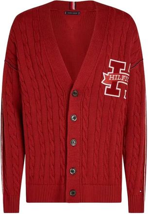 Tommy Hilfiger Homme, Pulls, Orange, Taille: M Cardigan col en V en maille torsad&eacute;e avec logo appliqu&eacute;