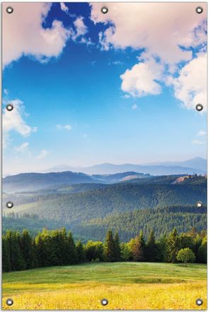 Wallario Outdoor-Poster für Garten oder Balkon Berglandschaft im Gebirge unter blauem Himmel, Motivbanner Größe: ca. 80 x 120 cm, Outdoor-Bild