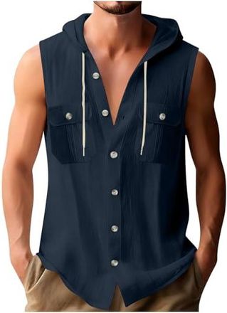 Generic Sweat &agrave; capuche sans manches pour homme - D&eacute;bardeurs respirants et d&eacute;contract&eacute;s - Couleur unie - &Eacute;l&eacute;gant - L&eacute;ger - Cordon de serrage - Bouton conforta