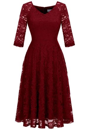 Dressystar Damen Festlich Spitzenkleid Sommer Abendkleid Kurz Ballkleider Weihnachten Party Kleid Dunkelrot XXL