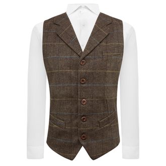 King & Priory Walnussbraune Fischgr&auml;ten-Weste mit Revers, Tweed, braun, 3XL