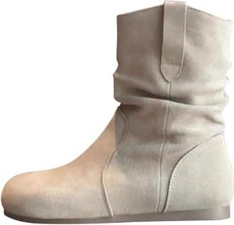 Generic Bottines Femme en Daim R&eacute;tro Bottes Mi-Mollet Bout Rond Semelle Souple Plate Antid&eacute;rapante Bottes De Cowboy L&acirc;che D&eacute;contract&eacute; Chaussures Femme Automne