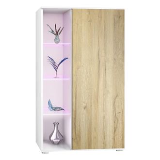 Vladon Vitrine Davos, Made in Germany, Standvitrine mit 3 Glasböden und 8 Fächer inkl. LED, Weiß matt/Eiche Natur (71,5 x 134 x 35 cm)