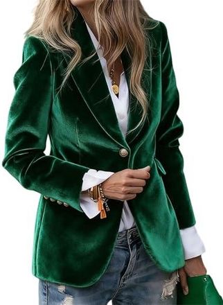 Generic Blazer en velours pour femme - Veste d&eacute;contract&eacute;e &agrave; manches longues pour le travail, le bureau, Halloween, No&euml;l, Vert, L