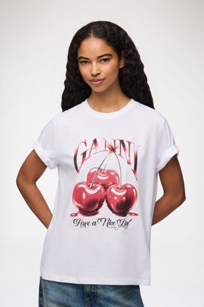 Ganni T-shirt en jersey basique blanc &agrave; imprim&eacute; cerise Coton biologique - Taille L - Pour Femme