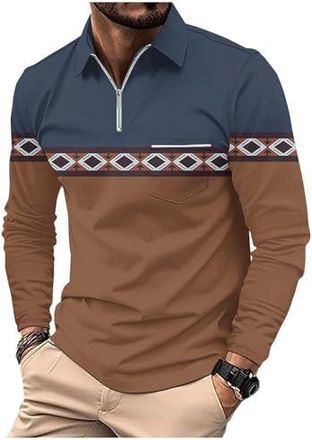 Generic Polo &agrave; manches longues pour homme Patchwork Revers T-shirt d&eacute;contract&eacute; Chemises de vacances Tops, marron, XXL