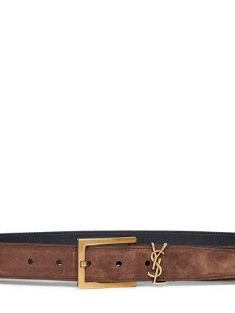 Saint Laurent Womens Belt Cassandre Suede Coffee Brown Calfskin