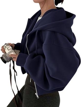 Minetom Sweat À Capuche Court pour Femmes avec Fermeture Éclair pour LAutomne Et LHiver Couleur Unie Sweatshirt À Manches Longues Hoodie A Marin S