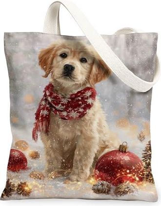 Generic Sacs fourre-tout en toile pour chien de No&euml;l, motif animal vintage, sacs de courses l&eacute;gers et lavables, vacances festives, toile r&eacute;utilisable F, Beige