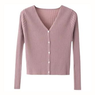 Generic Cardigan &eacute;l&eacute;gant &agrave; col en V c&ocirc;tel&eacute; &agrave; manches longues pour femme - Cardigan taille haute - Manteau d&eacute;contract&eacute;, Rose-13506, Taille Unique