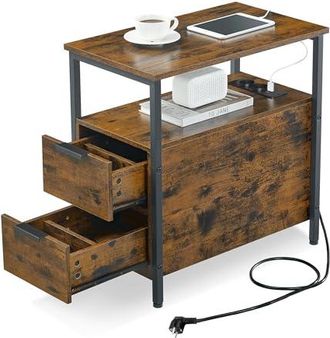 Vasagle Beistelltisch, Nachttisch mit Steckdosenleiste, 2 Schubladen, Sofatisch, Nachtschrank für Wohnzimmer, Schlafzimmer, vintagebraun-tintenschwarz LET325B