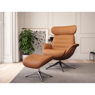 Studio Copenhagen home24 Relaxsessel LESO Braun Echtleder Danbi mit Hocker Chrom glänzend 90 x 107 x 90cm