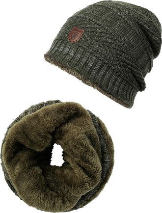 Indicode Unisex Siracusa Winter-Set M&uuml;tze & Schal | Strick Winterm&uuml;tze Winterschal Army, One Size