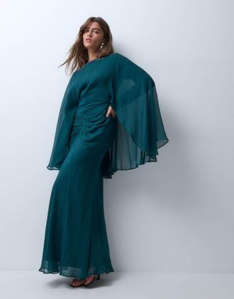 Asos robe longue maxi &agrave; manches ange avec taille fronc&eacute;e, bleu canard