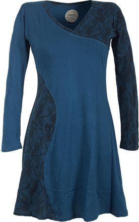 vishes Alternative Bekleidung - Asymmetrisches Damen Lagenlook Kleid Baumwolle mit Spitze Bedruckt t&uuml;rkis 36-38