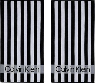 Calvin Klein Strandt&uuml;cher, weiche und sehr saugf&auml;hige, &uuml;bergro&szlig;e Handt&uuml;cher mit Baumwoll-Velours-Aufh&auml;ngeschlaufe, 2-teiliges Strandurlaub-Essentials (Streifen-Log