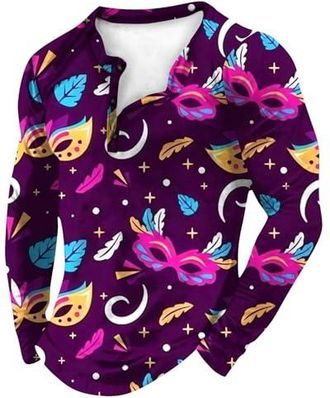 Generic Chemises Mardi Gras &agrave; manches longues pour homme, sweat-shirt de carnaval &agrave; col 1/4 bouton, grande taille, coupe ajust&eacute;e, hauts Mardi Gras imprim&eacute;s ma