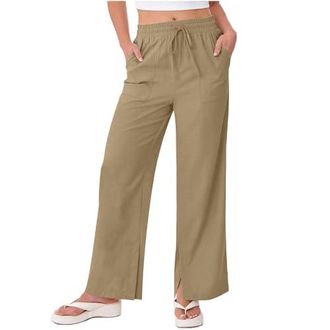 Generic Pantalon pour femme tendance et d&eacute;contract&eacute; de couleur unie taille haute fente jambe large pantalon d&eacute;contract&eacute; avec poches pantalon noir &agrave; jambe larg