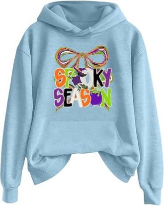 Generic 2026 Vestes pour femmes, chandail &agrave; capuche imprim&eacute; Halloween, sweatshirt &agrave; manches longues, d&eacute;contract&eacute;, confortable, pour lautomne, bleu clair, XXL