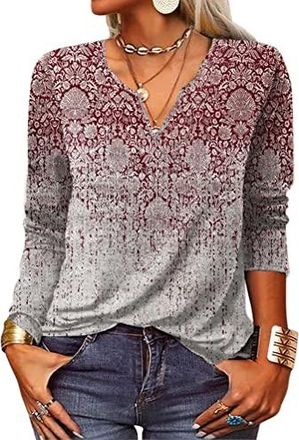 Onsoyours T-Shirt à Manches Longues Encolure en Rond Style Décontracté sur Le Devant Motif Floral Tunique Chemisier Henley pour Femme E3 Rouge L