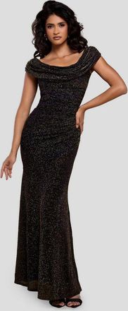 Goddiva Maxikleid Sparkle Lurex Cowl Neck Off The Shoulder Maxi Dress langes Kleid