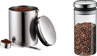 WMF Kaffeedose mit Kaffeelöffel Kult Cromargan Edelstahl rostfrei mattiert 500g & Vorratsdose 1 l Depot Glas spülmaschinengeeignet