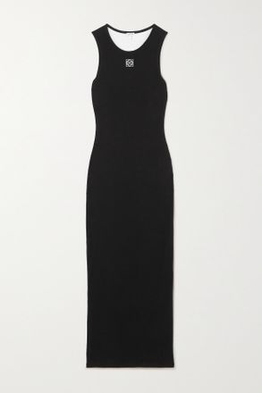 Loewe Anagram Midikleid Aus Geripptem Baumwoll-jersey Mit Stickerei - Schwarz
