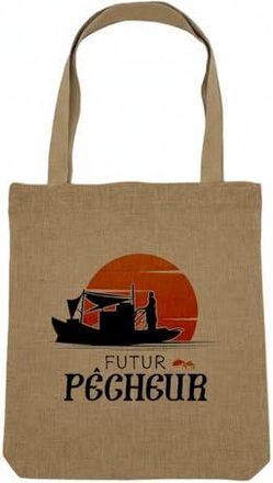 Fabulous Sac Shopping Tote Bag Aspect Lin - Futur P&ecirc;cheur M&eacute;tier Marin Poisson - Sac de Courses Toile Epaisse 360g Beige Naturel Cabas Port&eacute; Epaule Solide Impr