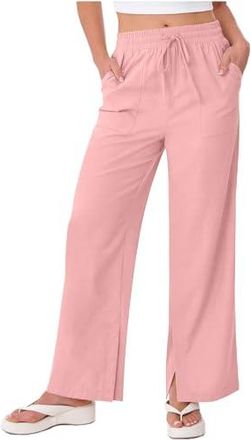 Generic Palazzo Pantalon d&eacute;t&eacute; long en lin pour femme - Taille haute - Pantalon de loisirs - Pantalon en coton et lin - &Eacute;l&eacute;gant - Pantalon d&eacute;t&eacute; l&eacute;ger et a&eacute;r&eacute; -