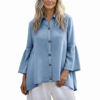 Generic Chemise boutonn&eacute;e en coton et lin pour femme, chemise en lin &agrave; manches longues &eacute;vas&eacute;es, coupe ample, col en V, chemise boutonn&eacute;e, d&eacute;contract&eacute;e, confor