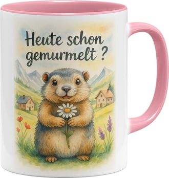 OM3 Lustige Murmeltier Kaffee-Tasse mit Spruch - Heute schon gemurmelt? - Keramik Becher - 325ml - Beidseitig Bedruckt - Rosa
