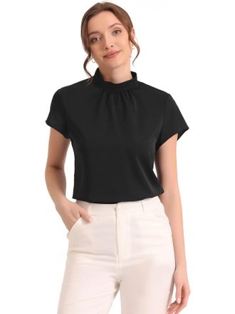 Allegra K Damen Bluse Sommer Kurzarm Stehkragen Chiffon Business Oberteil Fl&uuml;gel&auml;rmel Elegant Top Schwarz XS