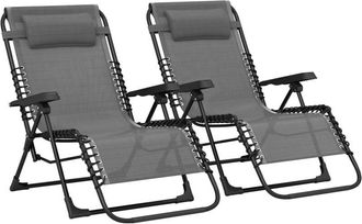OUTSUNNY Lot de 2 chaises longues pliables z&eacute;ro gravit&eacute; coussin t&eacute;ti&egrave;re amovible m&eacute;tal &eacute;poxy textil&egrave;ne gris