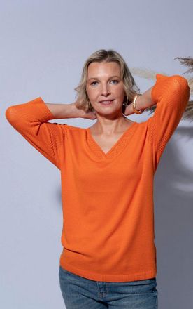 Passioni 3/4 Arm-Pullover mit perforierten V-ausschnitt Perforierte &Auml;rmel