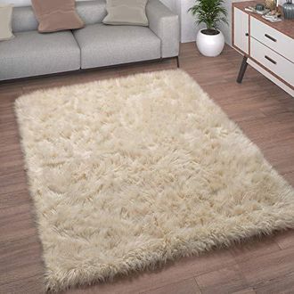 Paco Home Tapis De Salon Fausse Fourrure Imitation Shaggy Coussins De Sol Forme Coeur Rond, Dimension:60x100 cm, Couleur:Crème
