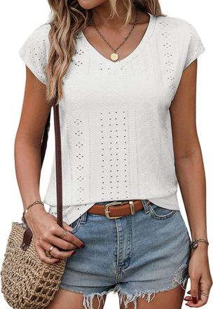 Zeagoo Tank Top Damen Weiss V AusschnittKurzarm Blusentop Elegant Lochstickerei T-Shirt Sommer Leicht Luftig Locker Top Wei&szlig; L