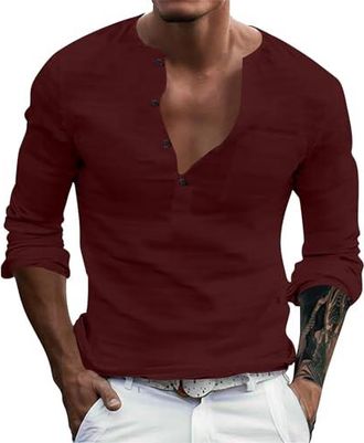 Generic T-shirt &agrave; manches longues pour homme - Style vintage - En coton - Grandes tailles - Col montant - Chemise de plage - Col rond - Chemise d&eacute;t&eacute; &eacute;l&eacute;gante 