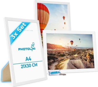 Photolini Bilderrahmen A4 Weiss Holz MDF, 3er Set DIN A4 Bilderrahmen 21x30 weiß, Rahmen 21x30 mit Acrylglas, picture frame zum Aufhängen & Aufstellen, Rahmen 3
