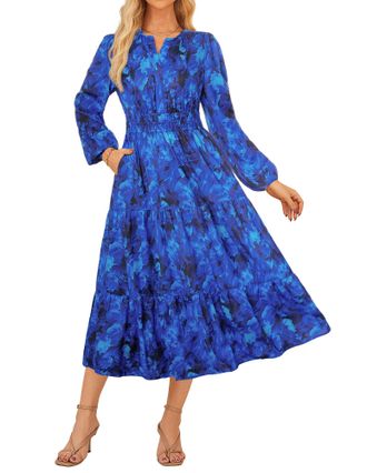 Grace Karin Damen Freizeit Blumenkleid Herbst Langarm Maxikleid Boho Urlaub Rockabilly Festlich Kleid CL37-08/Blaue L