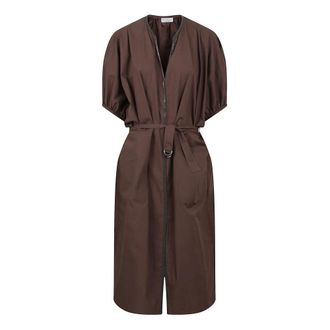 Brunello Cucinelli Braunes Baumwollpopelinekleid mit V-Ausschnitt - - Dresses - Damen - Braun - XS