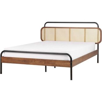 Beliani Holzbett Dunkelbraun u. Schwarz aus Gummibaumholz Metall 140 x 200 cm mit Wiener Geflecht Kopfteil Lattenrost Modernes Design f&uuml;r Schlafzimmer