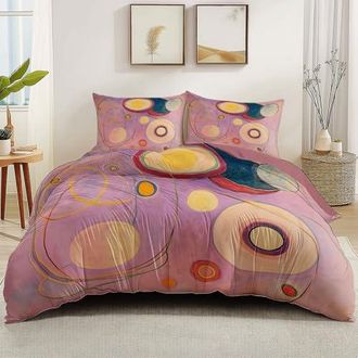 Generic Housse de Couette 220 x 240 cm 3-Pi&egrave;ces Lilas R&eacute;versible Sets Abstrait Cercles Lignes Microfibre avec Fermeture &Eacute;clair Literie Lavable en Machine