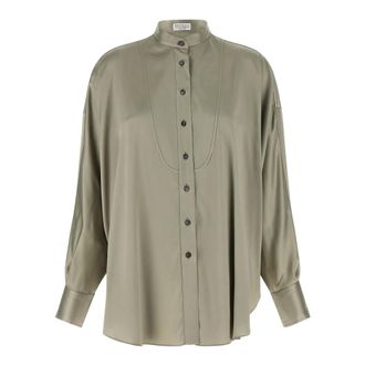 Brunello Cucinelli Femme, Blouses et Chemises, Vert, Taille: 40 FR Chemise &agrave; col mandarin en satin de soie stretch avec Monili